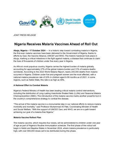 JOINT PRESS RELEASE Nigeria Receives Malaria Vaccines Ahead of Roll Out | WHO | Regional Office ...